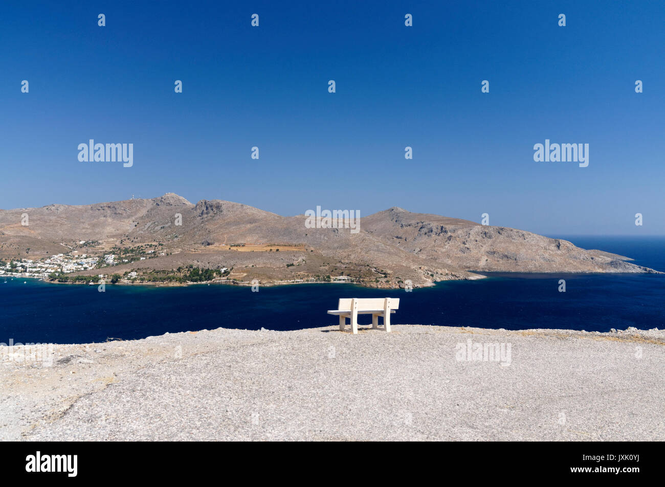 View across Alinta Bay from Profitis Ilias, Leros, Dodecanese, Islands ...