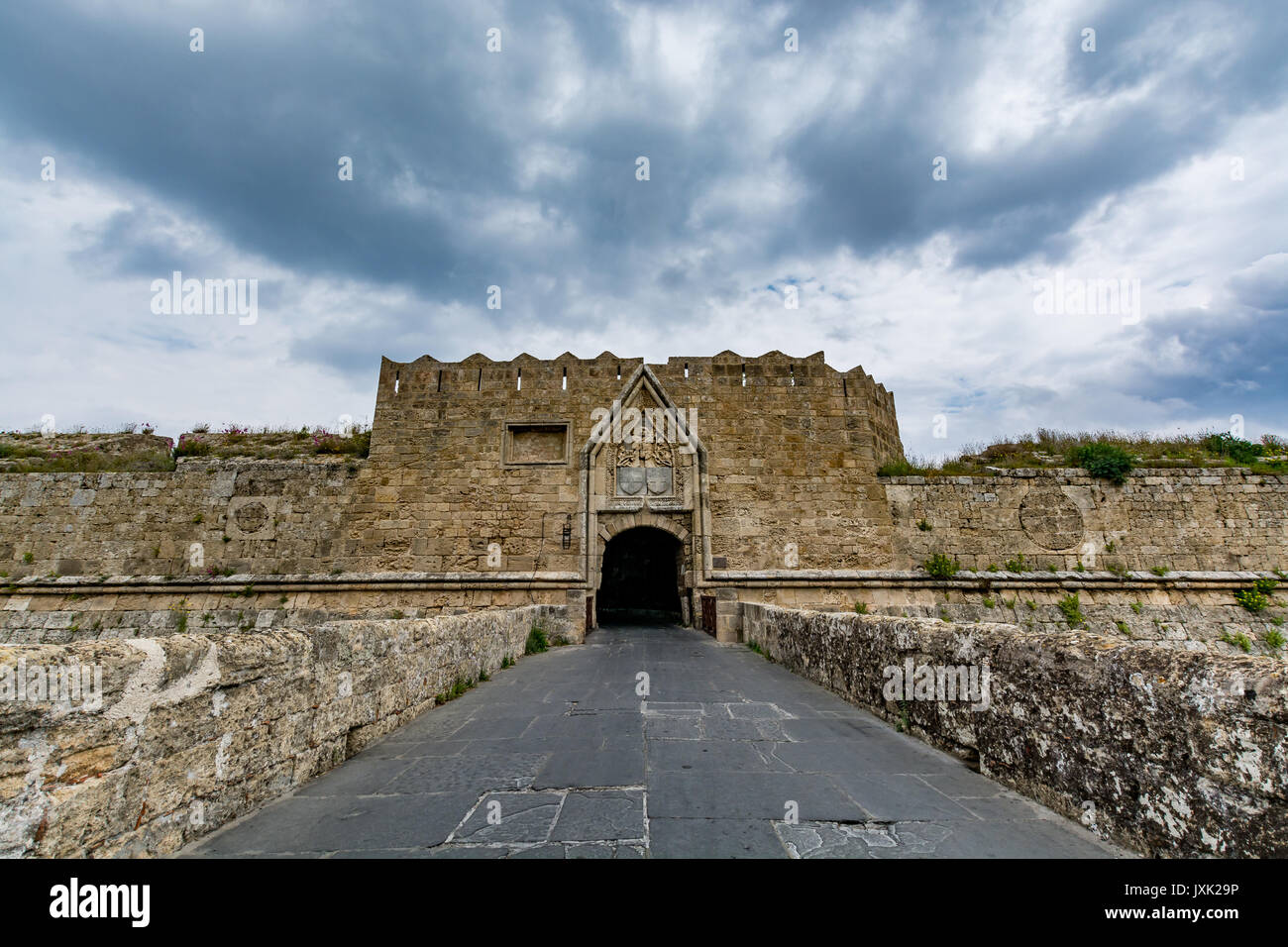 Gate of Saint John and bridge leading to it over moat, Rhodes old town ...