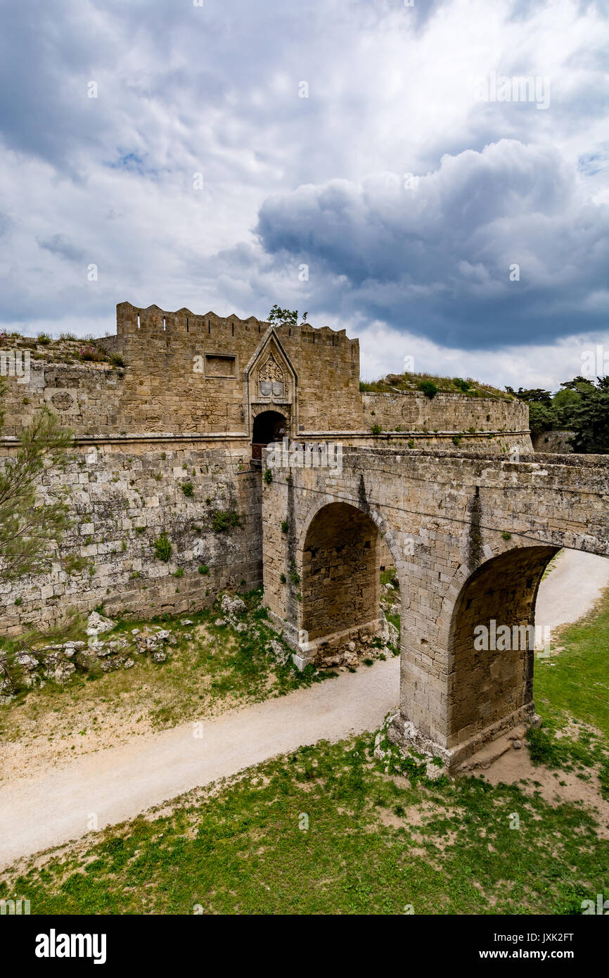 Gate of Saint John and bridge leading to it over moat, Rhodes old town ...