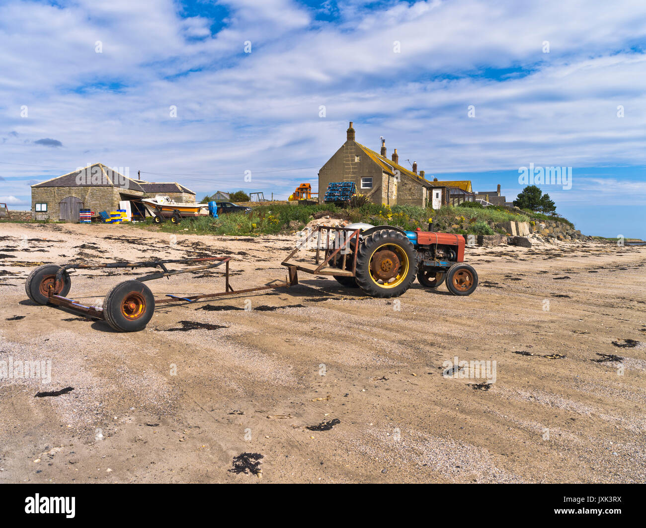 dh BOULMER NORTHUMBERLAND Cottages on beach tractor trailer heritage ...