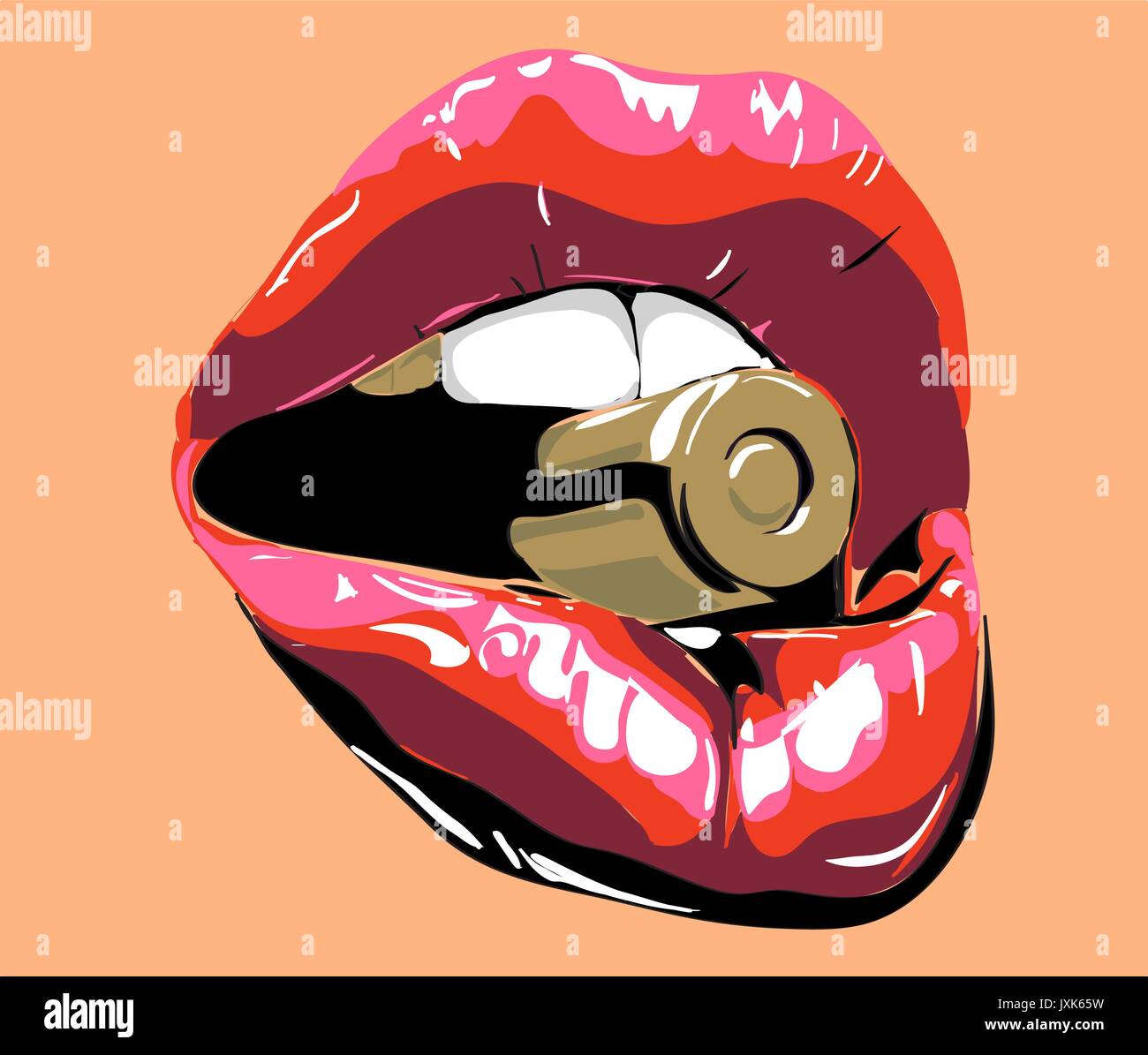 Red lips with bullet on pink isolated. Sexy biting red lips. Abstract ...