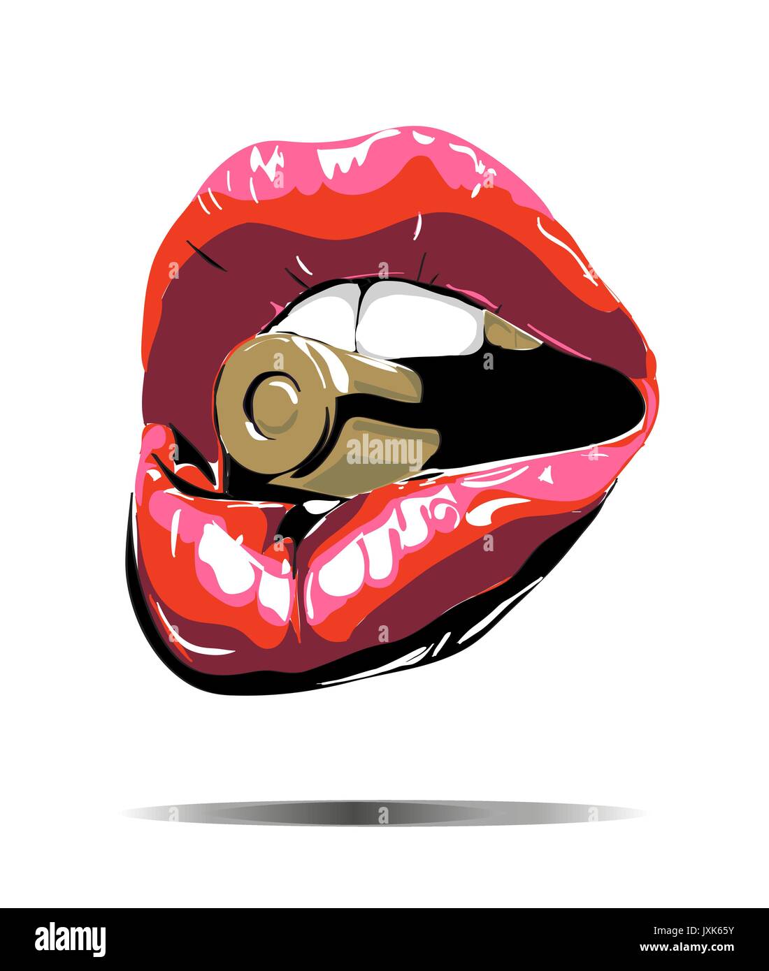 Red lips with shadow and bullet isolated. Sexy biting red lips ...