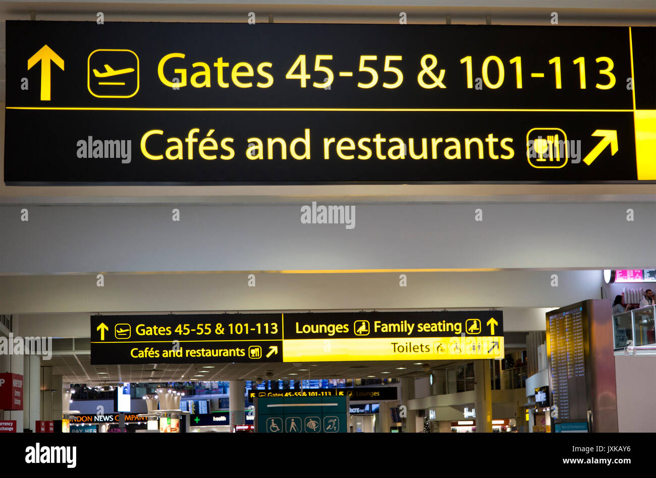 Signs for gates cafes and restaurants, departure lounge, Gatwick ... Signs for gates cafes and restaurants, departure lounge, Gatwick ...