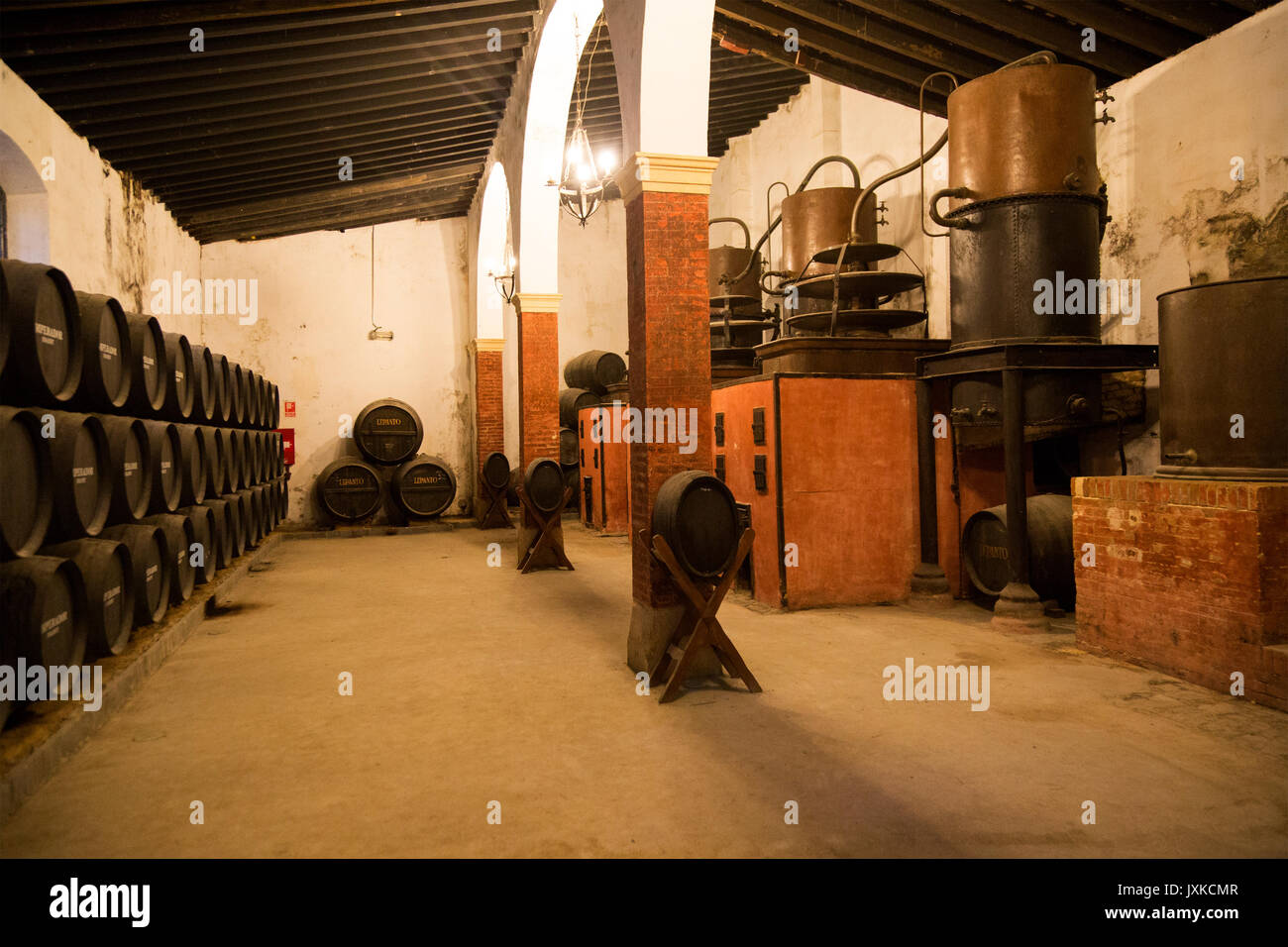 Old distilling equipment for brandy cognac production in Gonzalez Byass ...