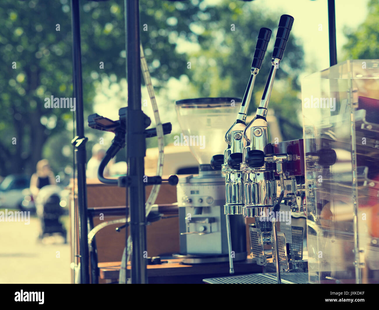 Detail of an outdoor coffee machine, summer lifestyle background Stock ...