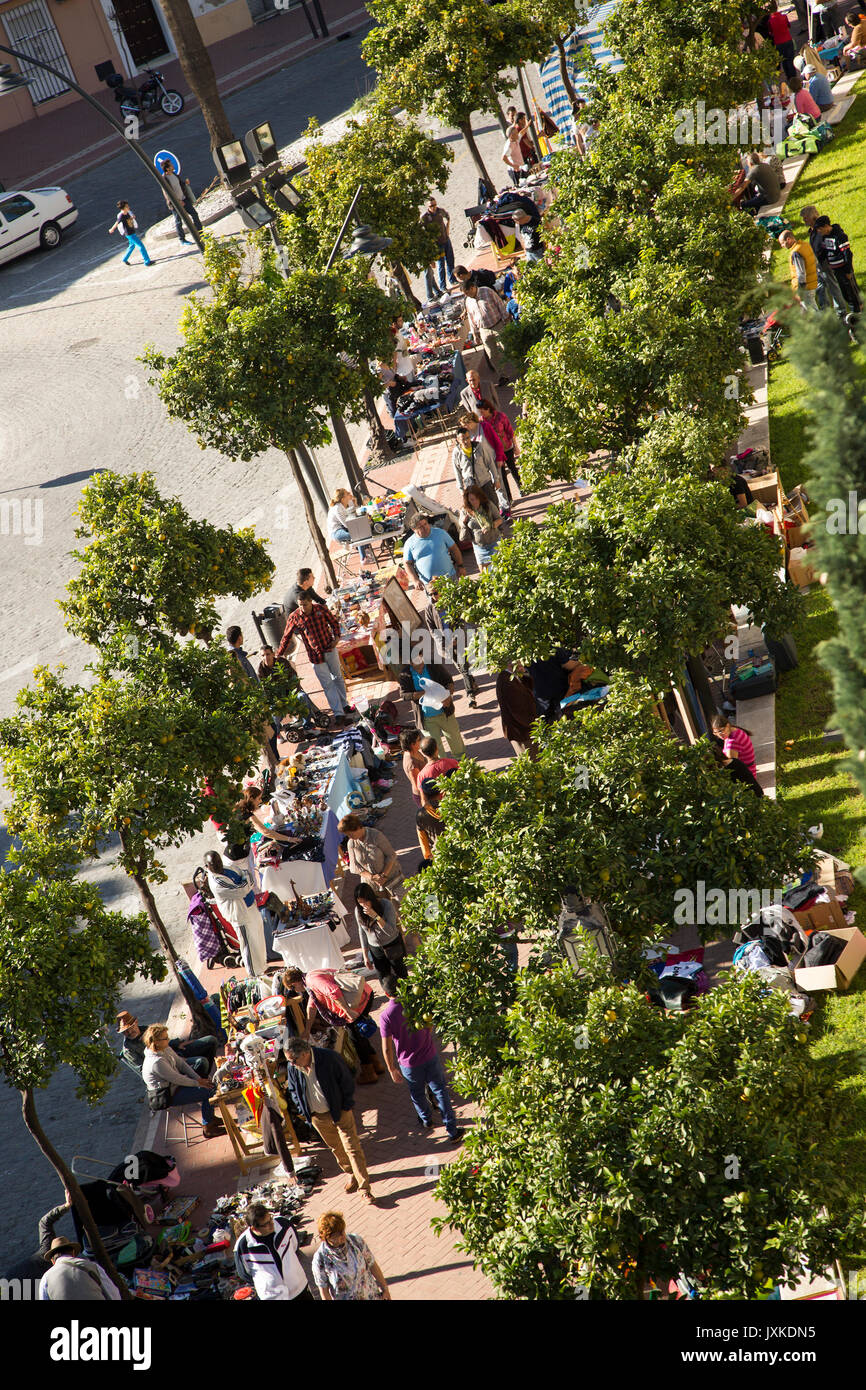High angle view of people at street market, Jerez de la Frontera, Spain ...