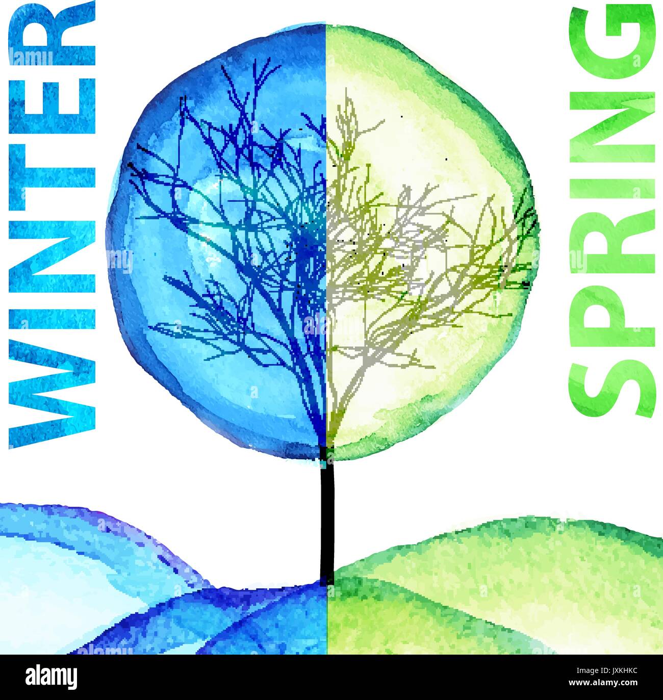 Winter and spring watercolor concept. Seasonal trees art vector ...