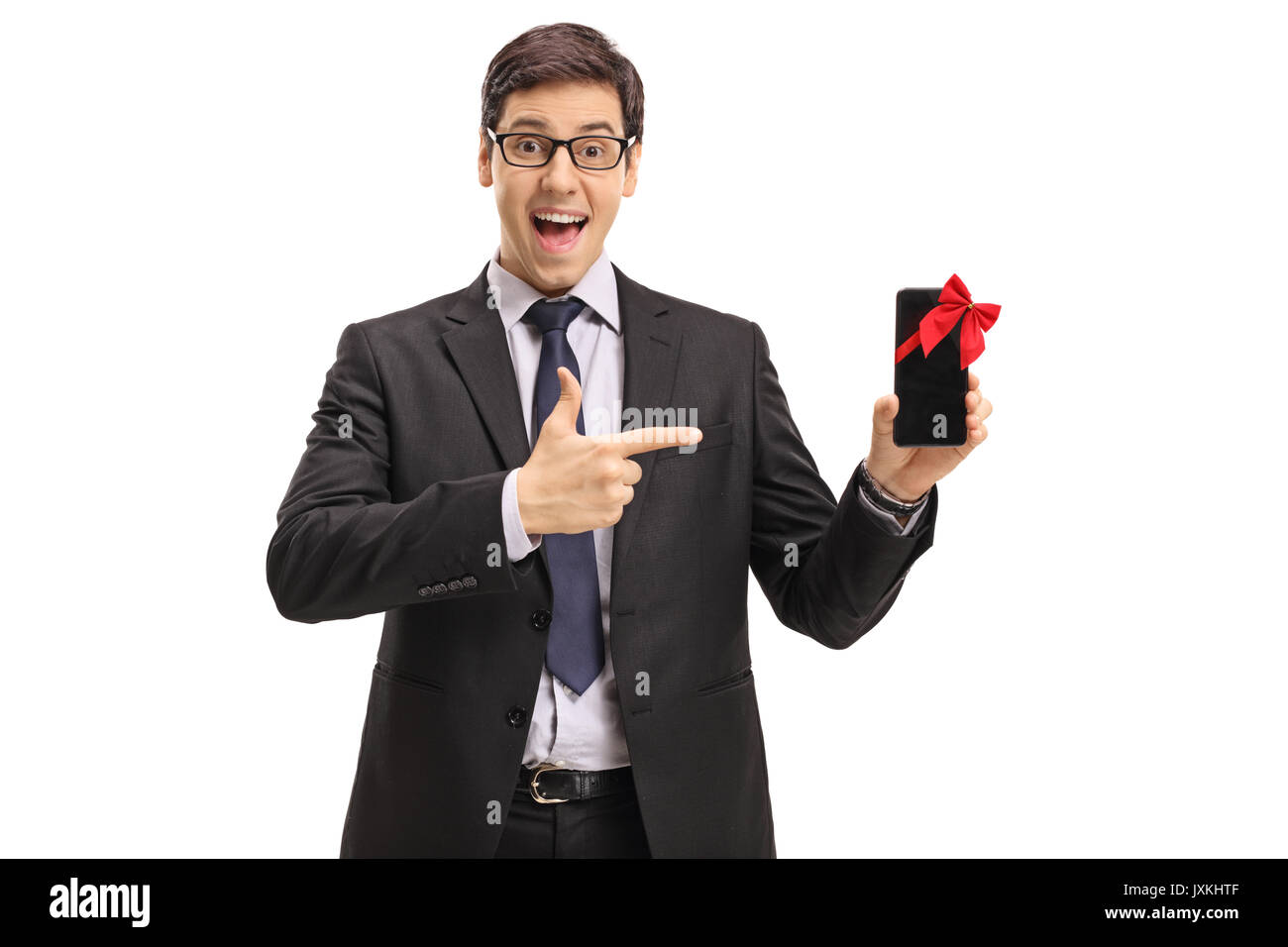Businessman showing a phone wrapped with red ribbon as a gift and ...