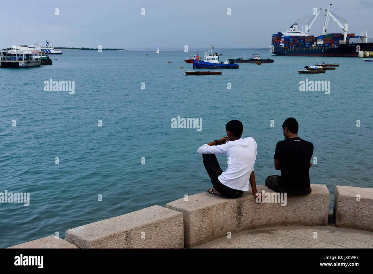 TANZANIA Zanzibar, Stone town, container ships in harbour at indian ...