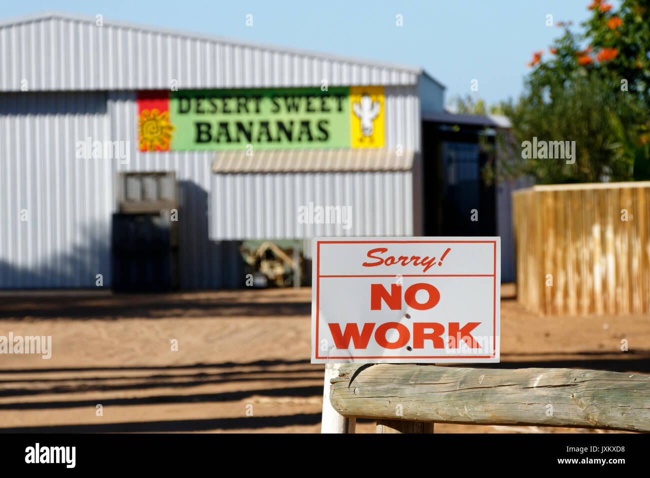 Sorry no work sign at a Banana Plantation, Carnarvon, Gascoyne, Western ...