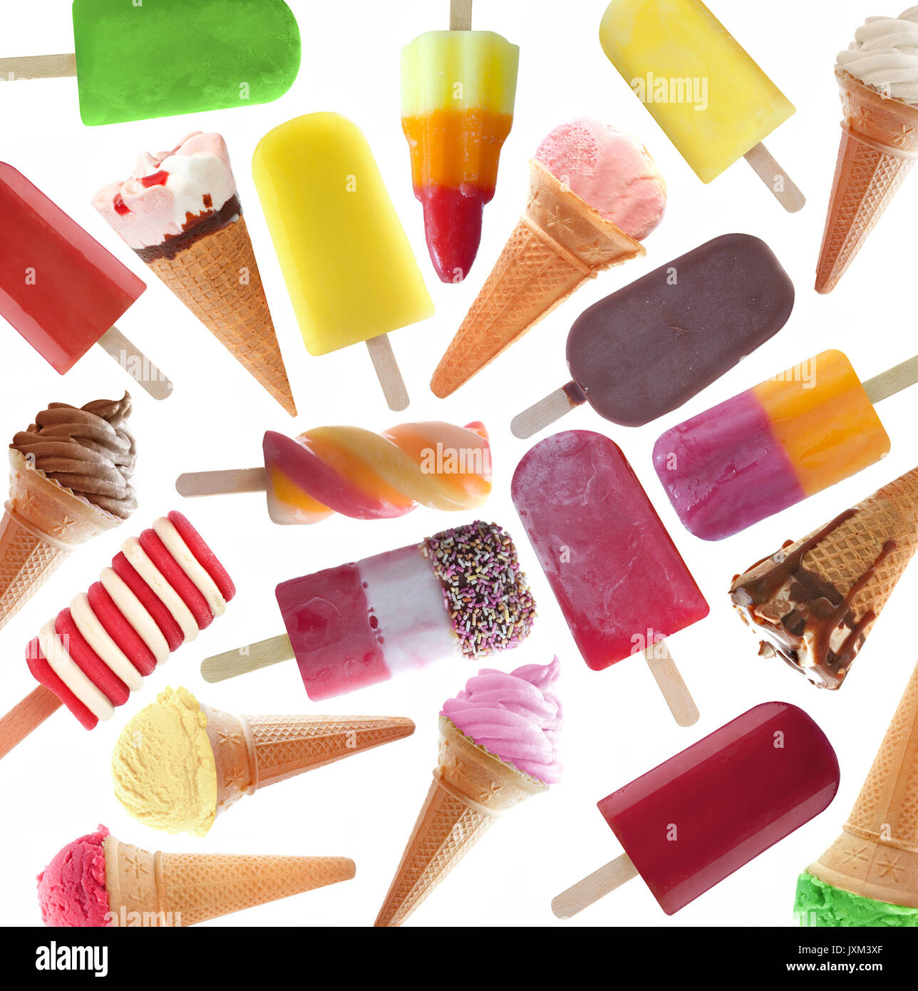 Flat lay view of many icecream, ice lollies and popsicles as a ...