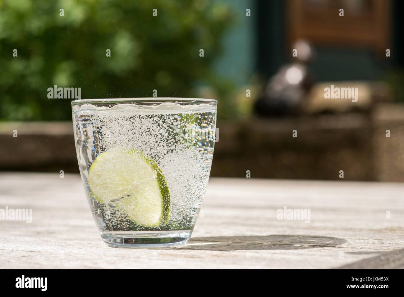 Glass of gin and tonic or vodka and tonic or fizzy water on a wooden ...
