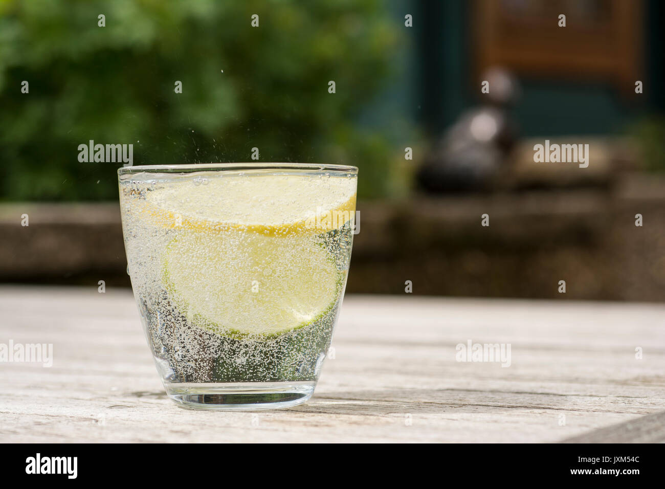 Glass of gin and tonic or vodka and tonic or fizzy water on a wooden ...