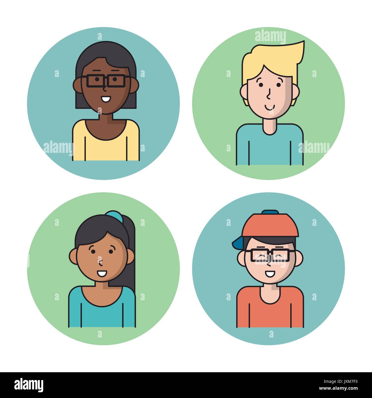 white background with colorful circles with icons of people team half ...