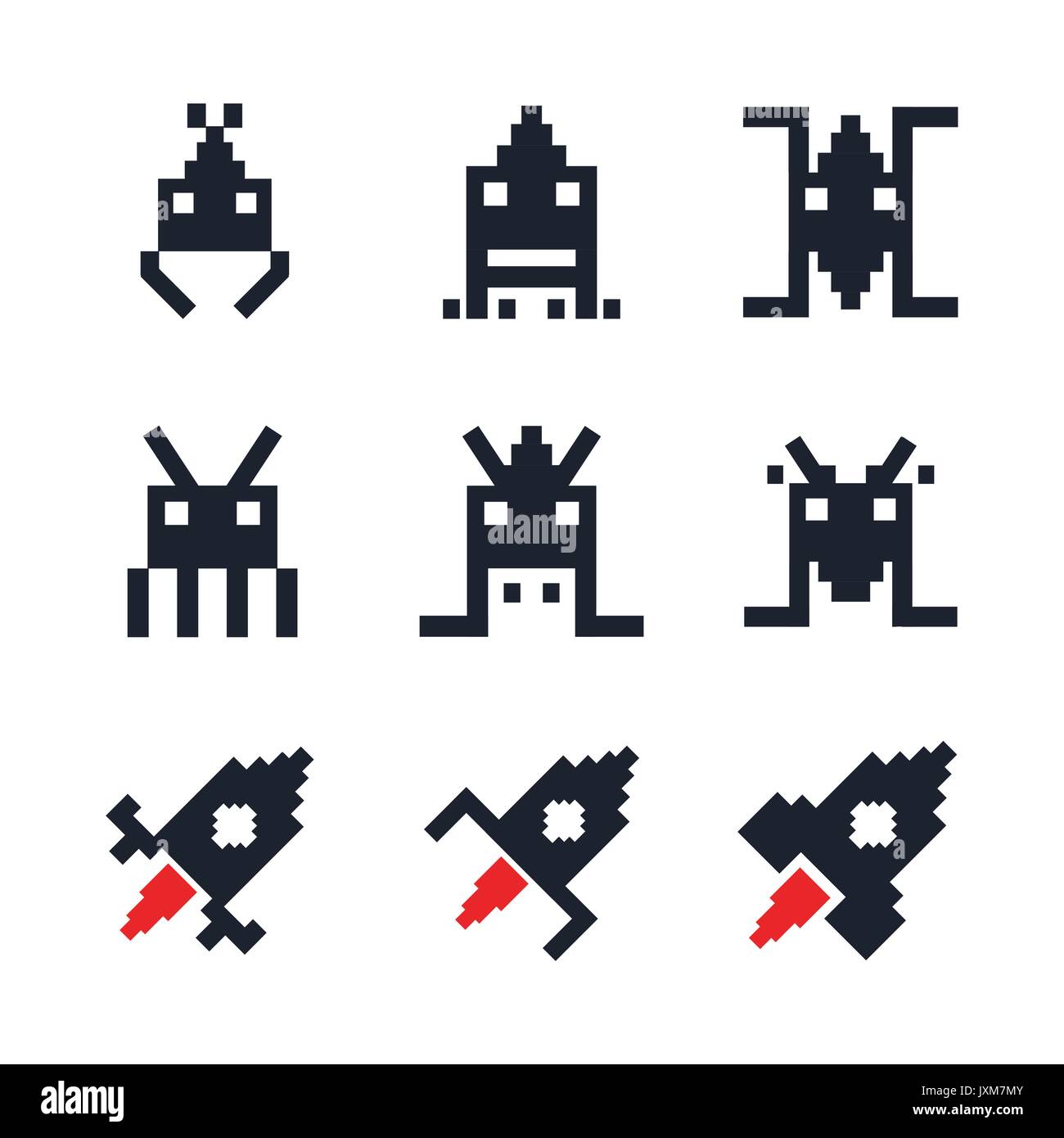 white background with icons space aliens and spatial rocket old arcade ...