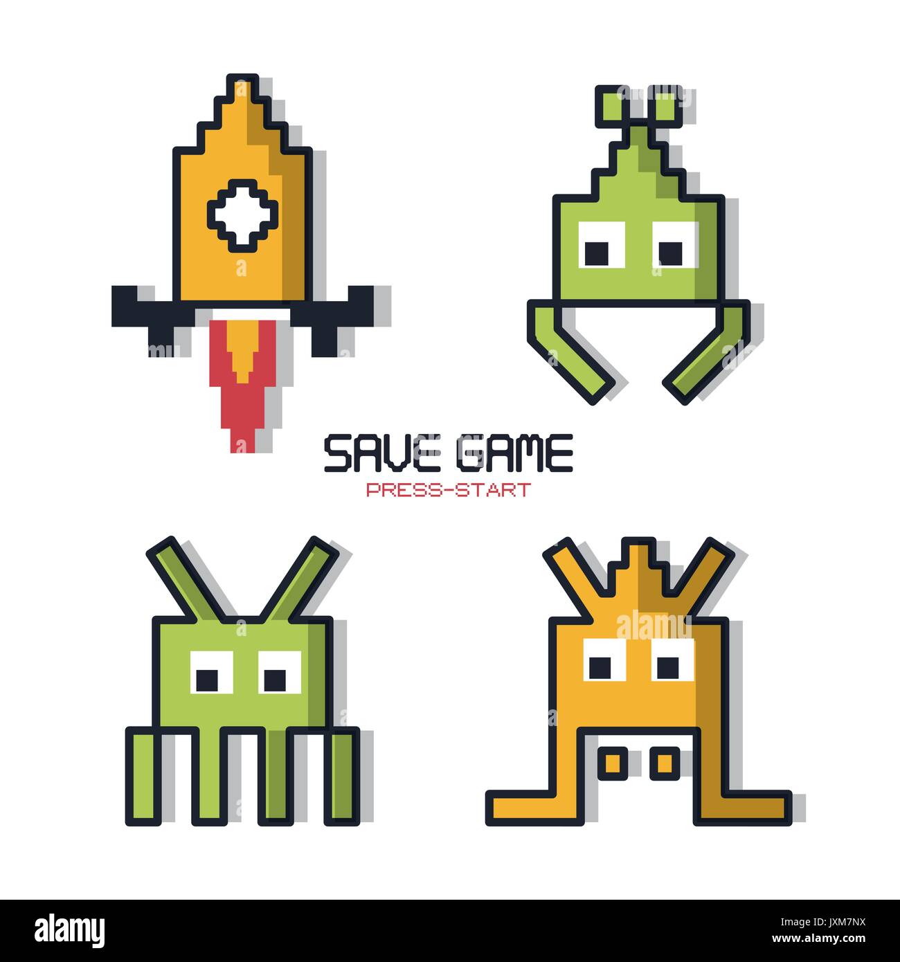colorful poster of save game press start with graphics of spatial game ...