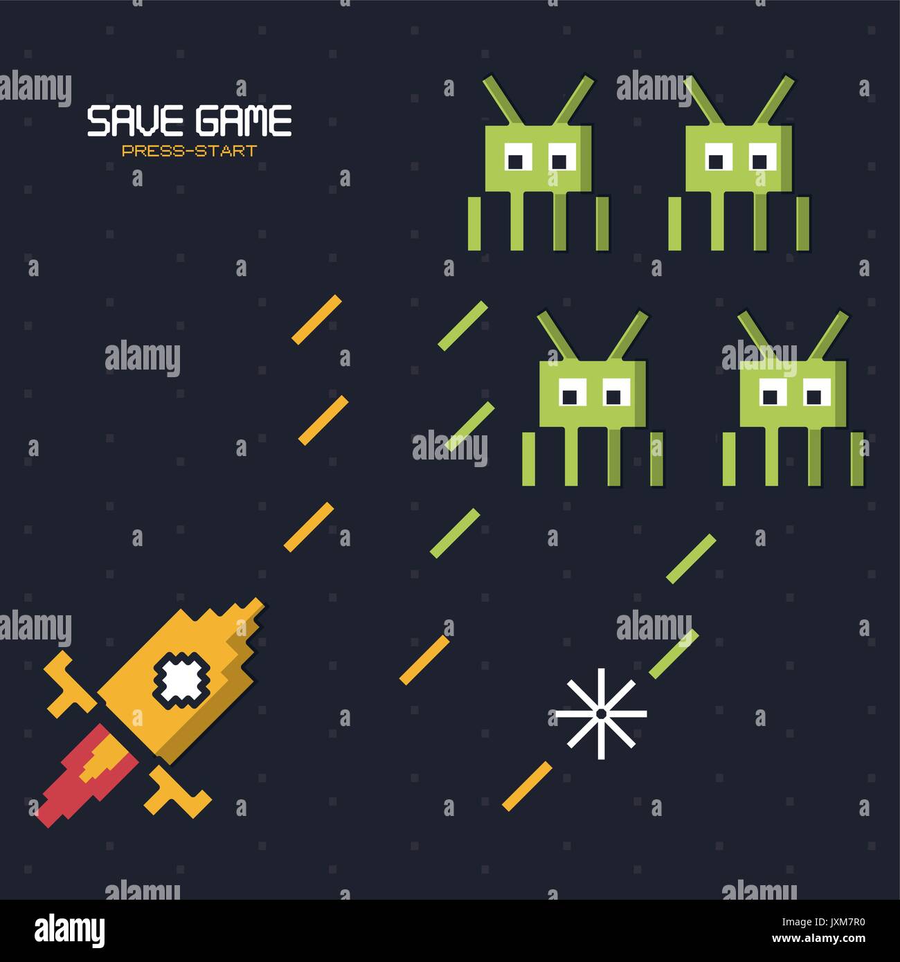 colorful poster of save game press start with graphics of spatial game ...