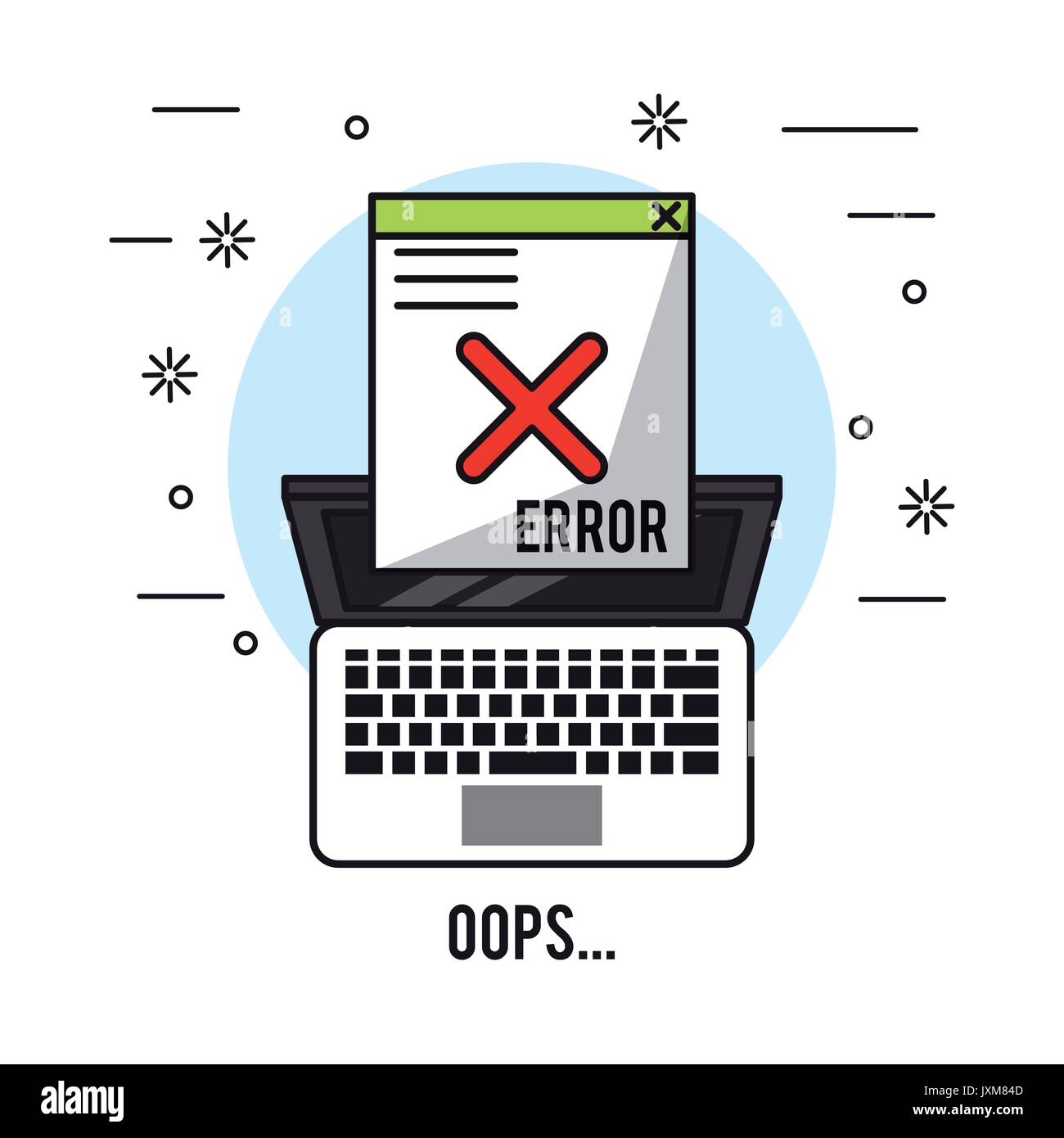 white background with laptop in top view and window message error oops ...