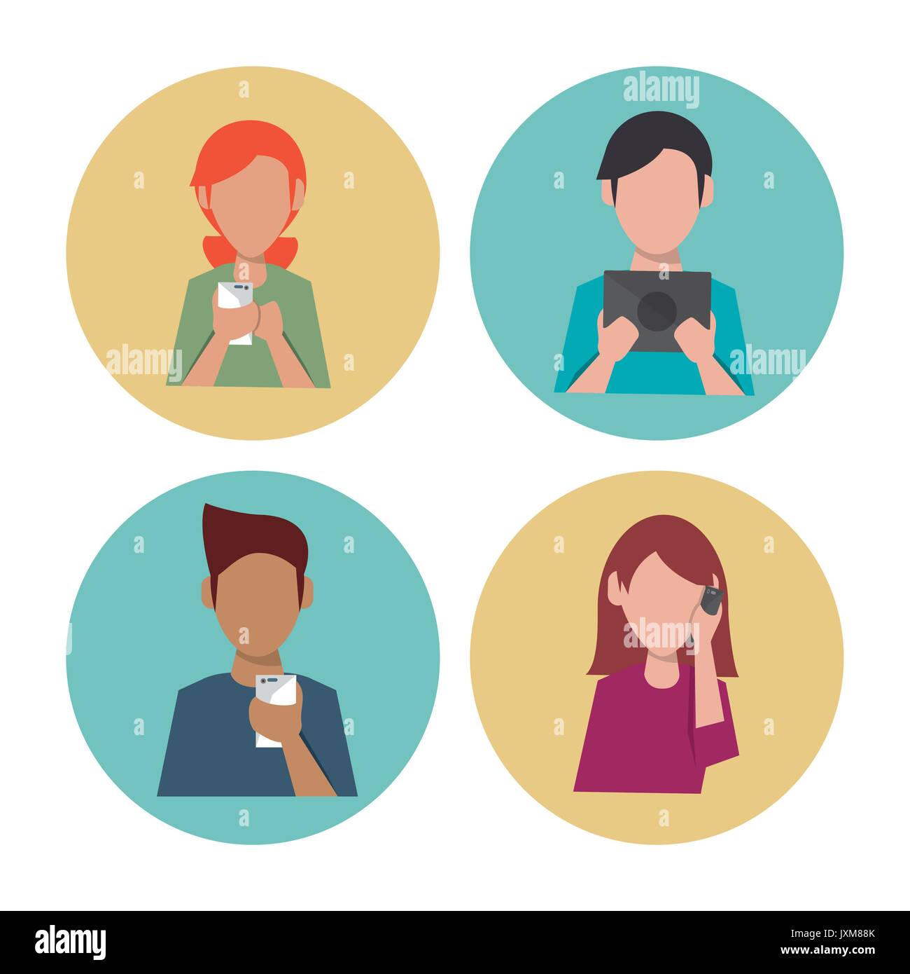 white background with colorful circles with icons of half body people ...