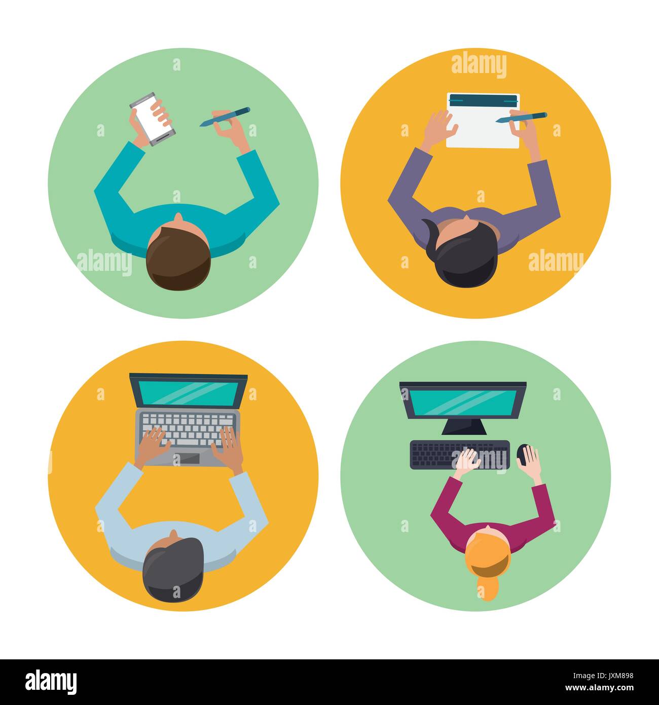 white background with colorful circles with icons in top view of people ...