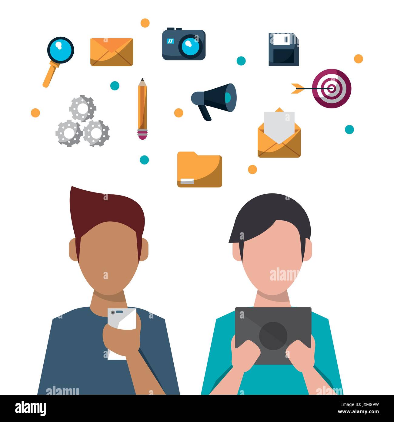 colorful faceless half body men with tech devices sharing social media ...