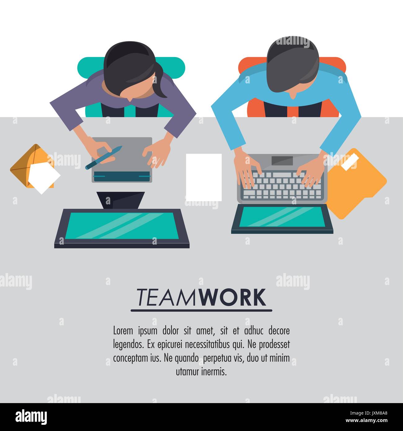 colorful background on top view of poster of teamwork between man and ...