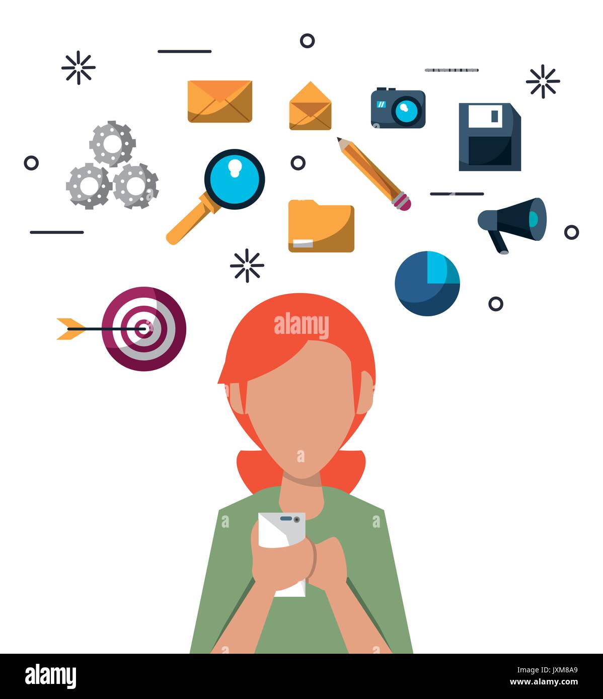 colorful faceless half body woman with tech devices social media and ...