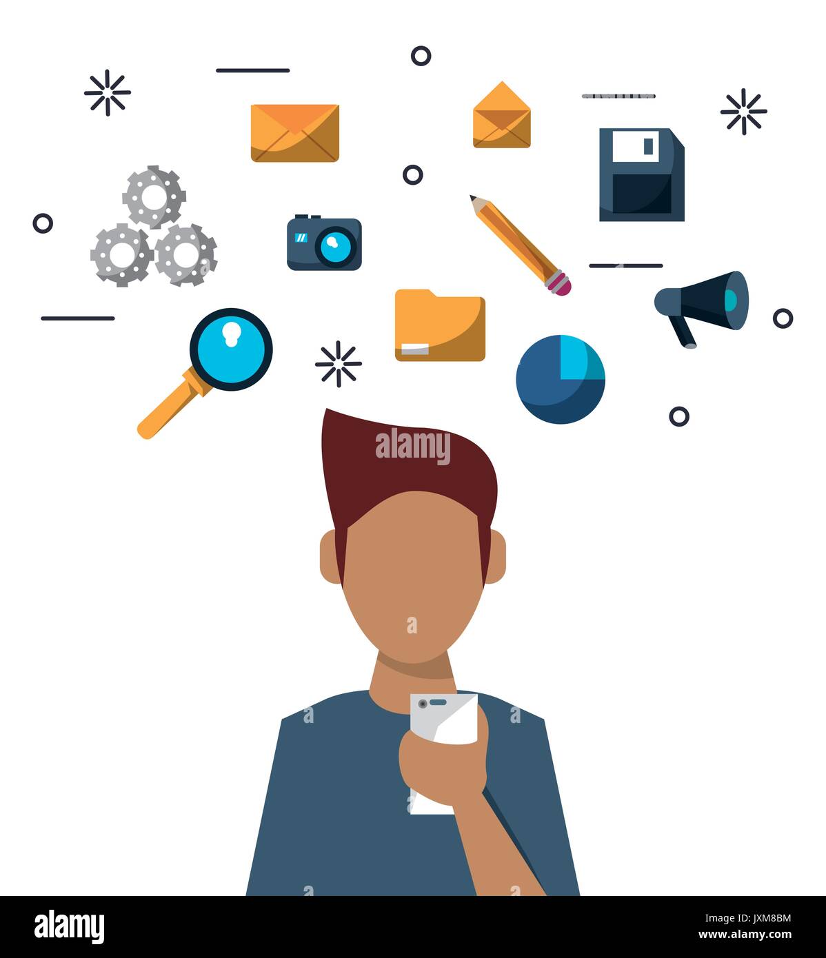 colorful faceless half body man with tech devices social media and ...