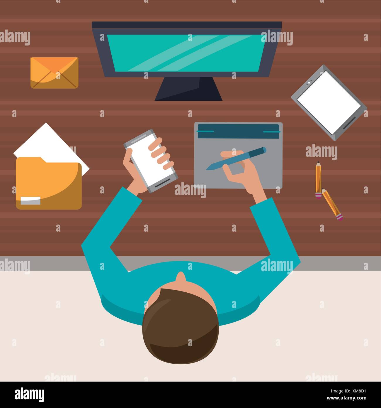 colorful background on top view of man on desk working in computer ...