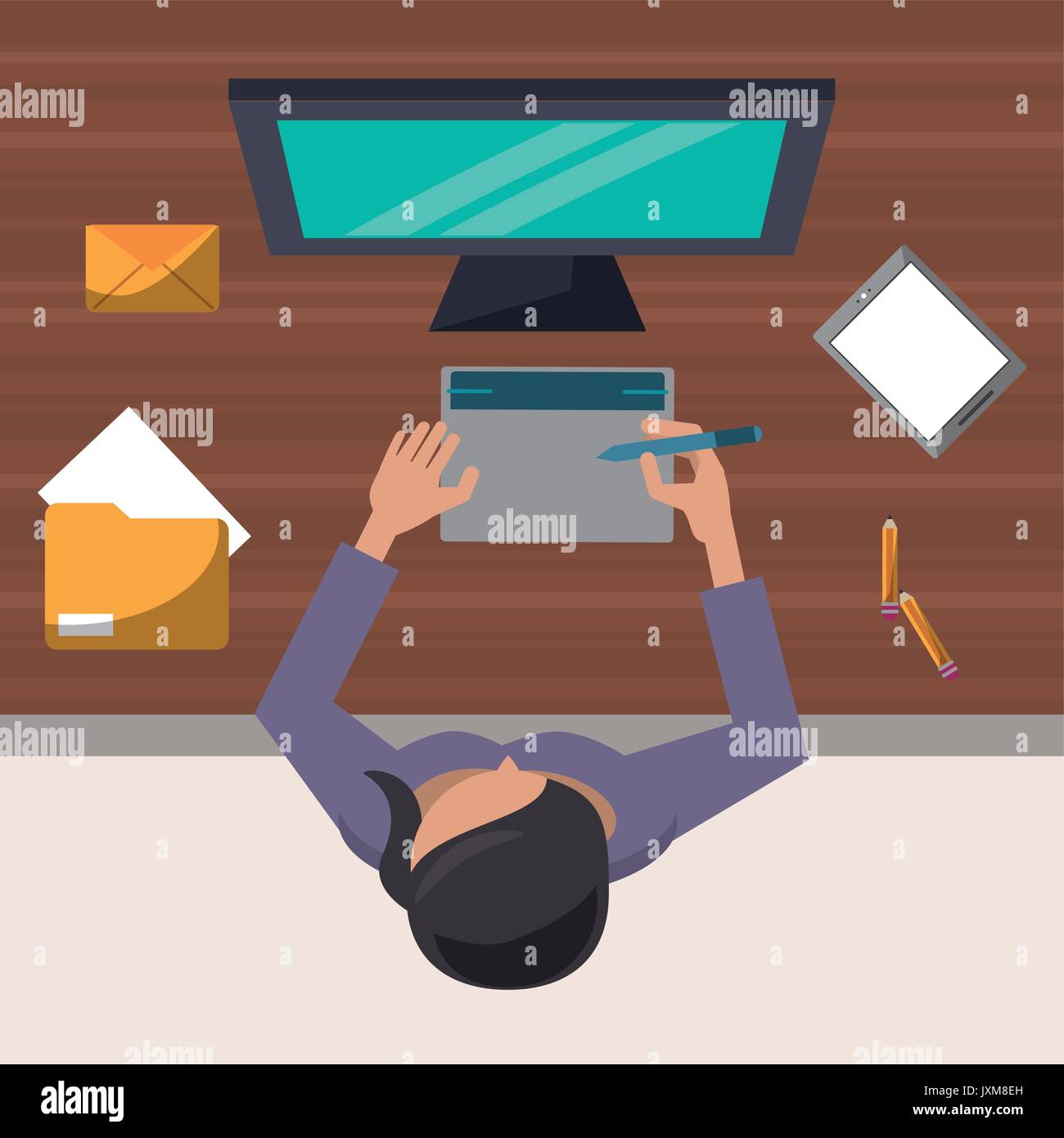 colorful background on top view of woman on desk working in computer ...