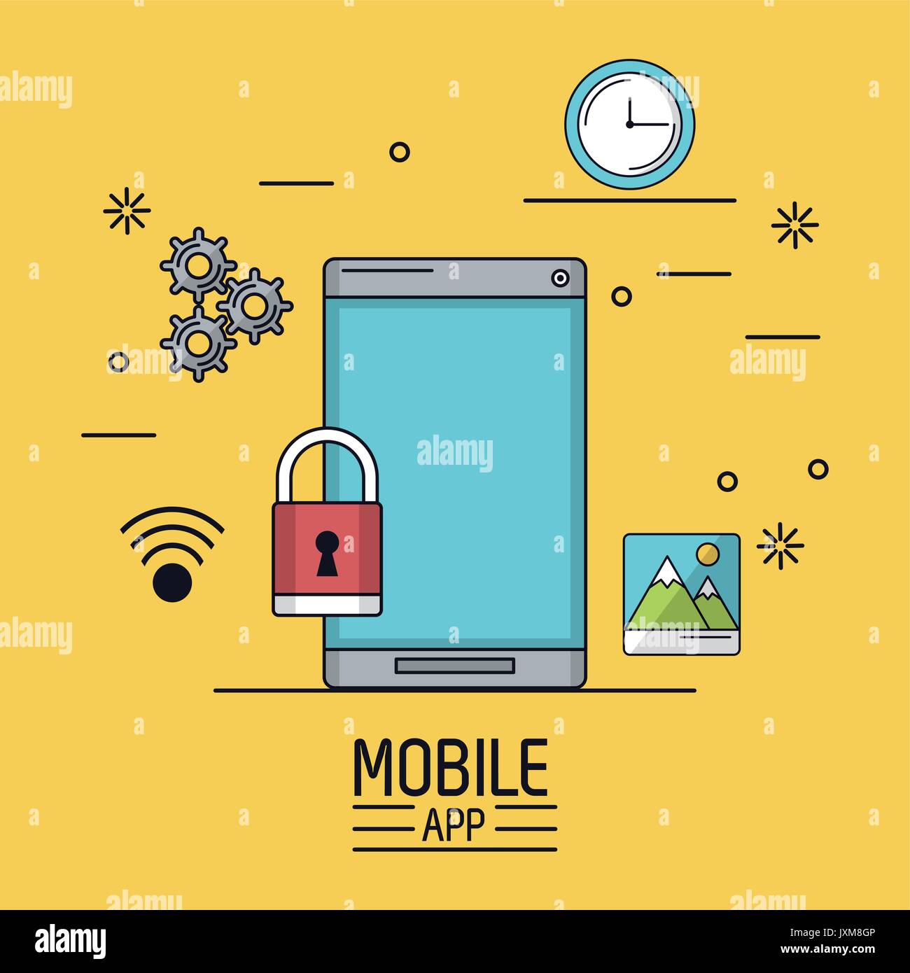 yellow background poster of mobile app with smartphone and common icons ...