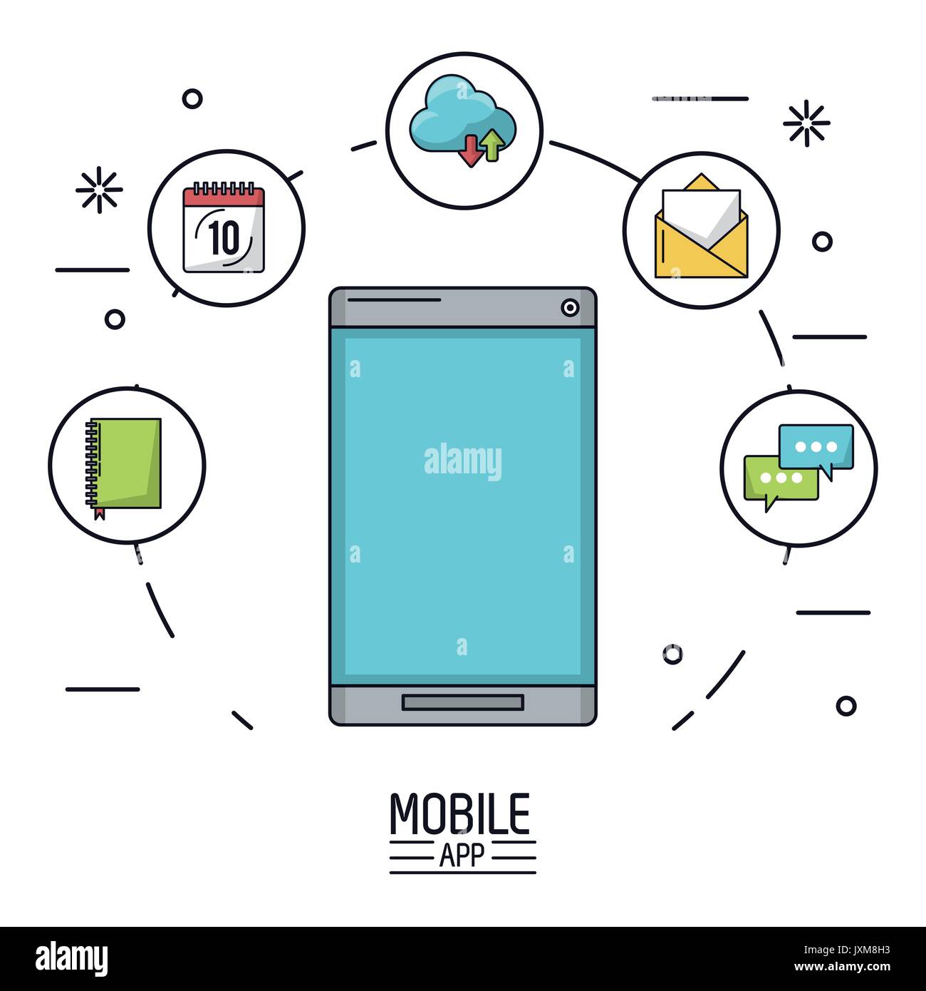 white background poster of mobile app with smartphone device and icons ...