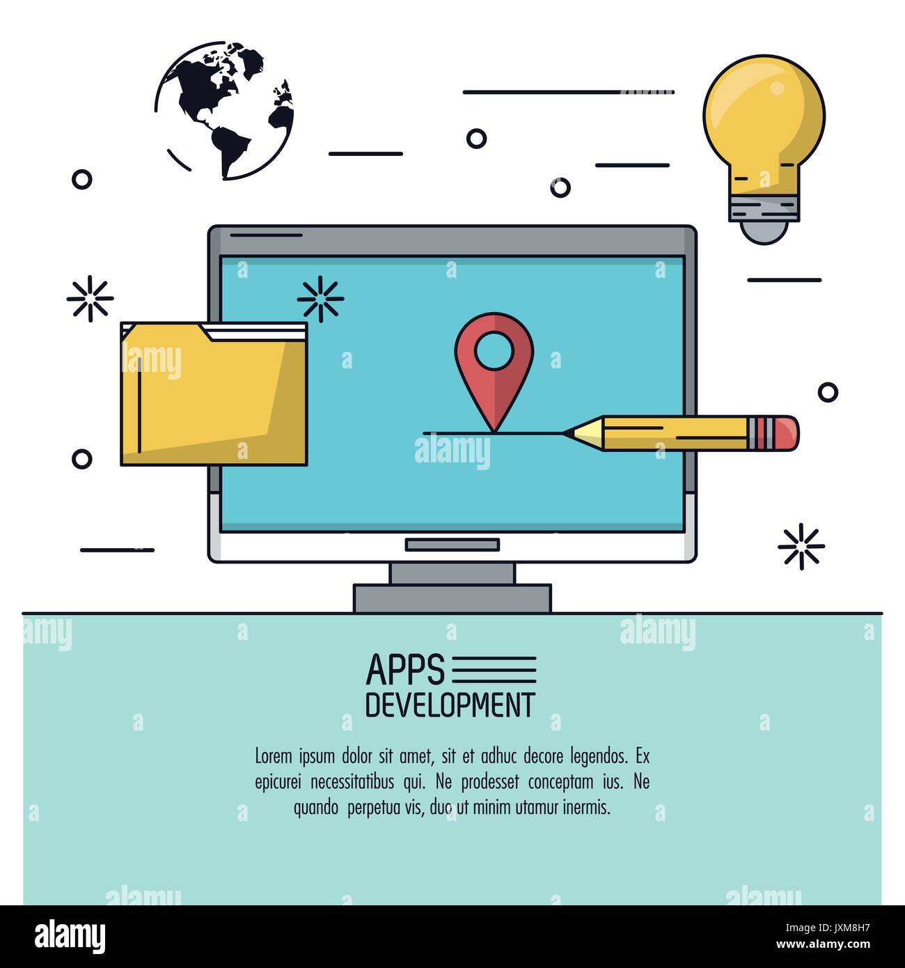 white background poster of apps development with desktop computer and ...