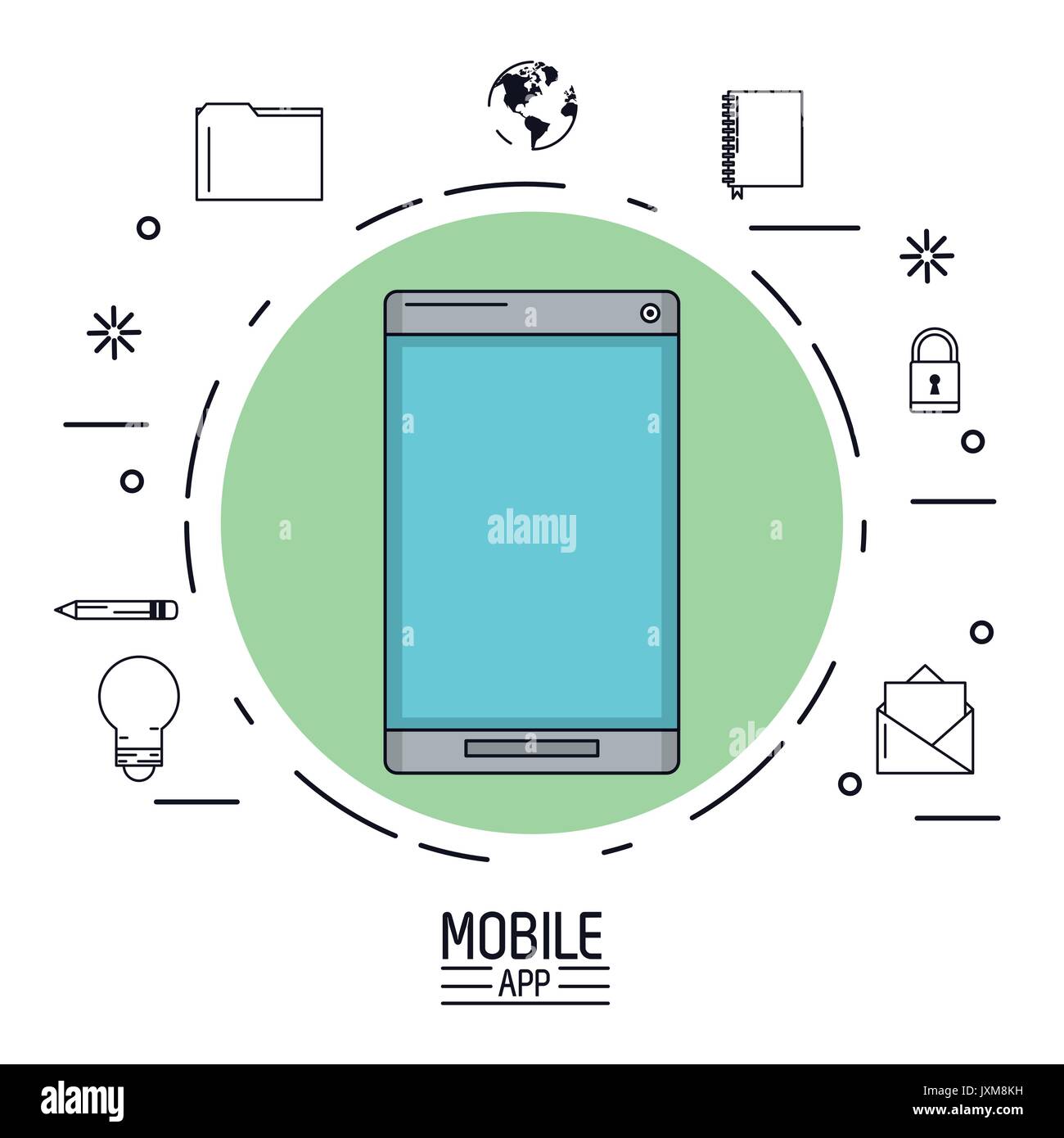 white background poster of mobile app with smartphone in green circle ...