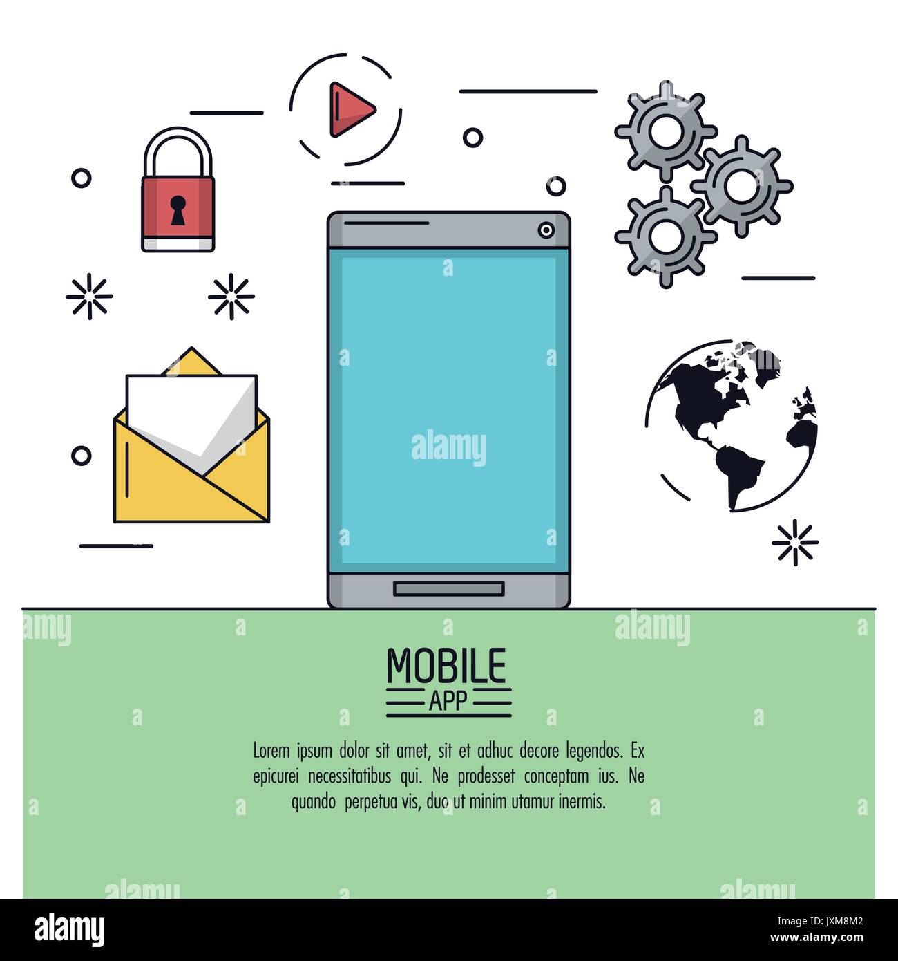 white background poster of mobile app with smartphone device and common ...