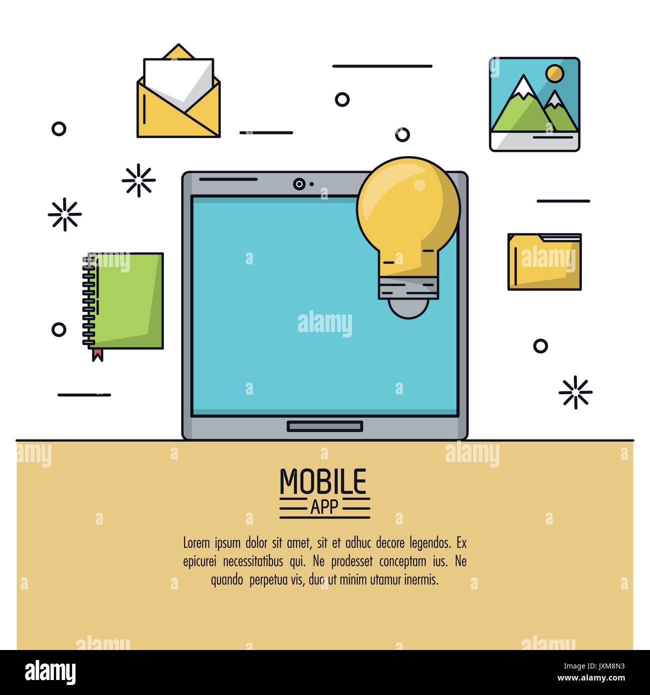 white background poster of mobile app with tablet device and common ...