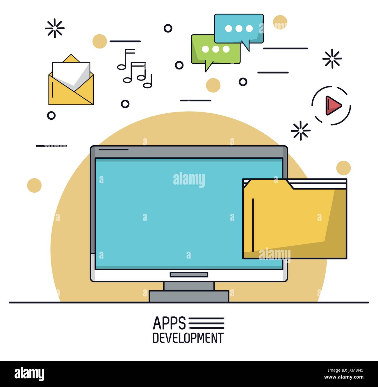 white background poster of apps development with desktop computer and ...