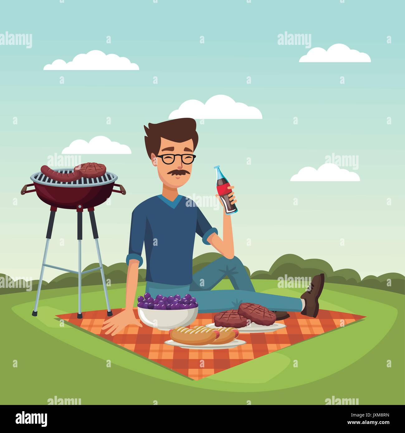 color scene landscape of grill barbecue with bearded man drinking a ...