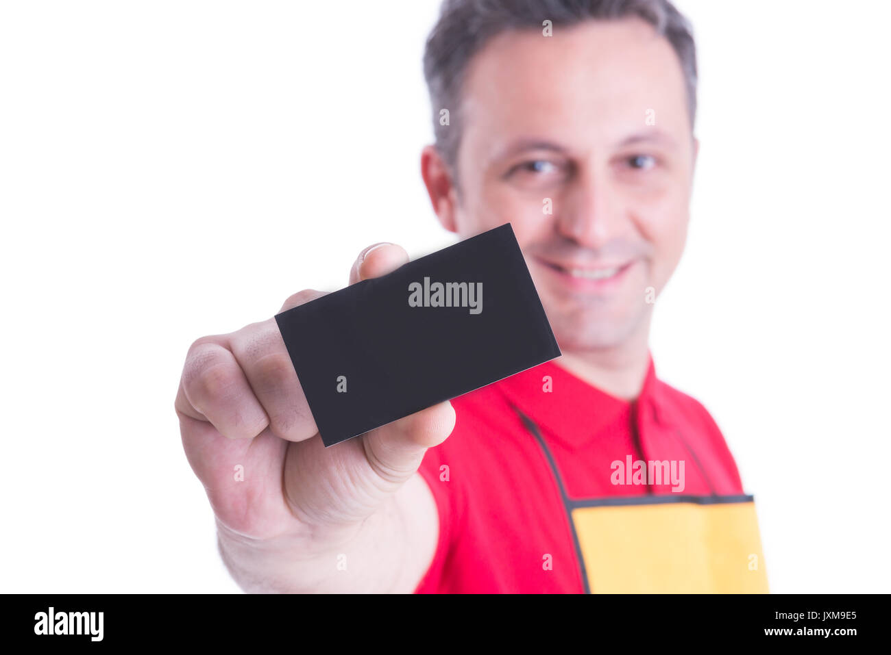 Selective focus on visit or business card in supermarket merchandiser ...