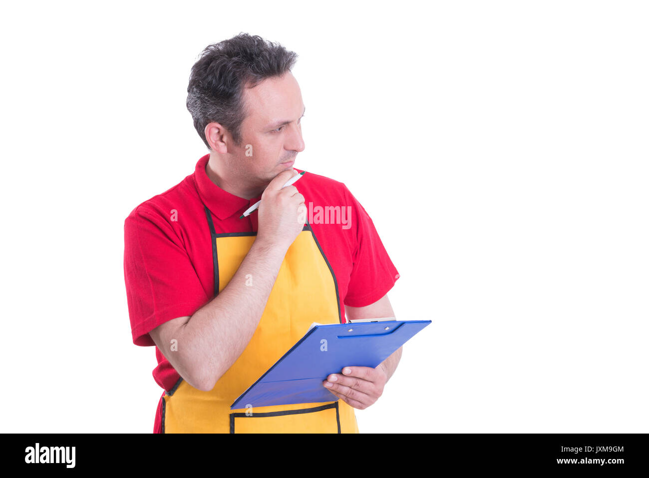Pensive employee with checklist at the market isolated on white ...