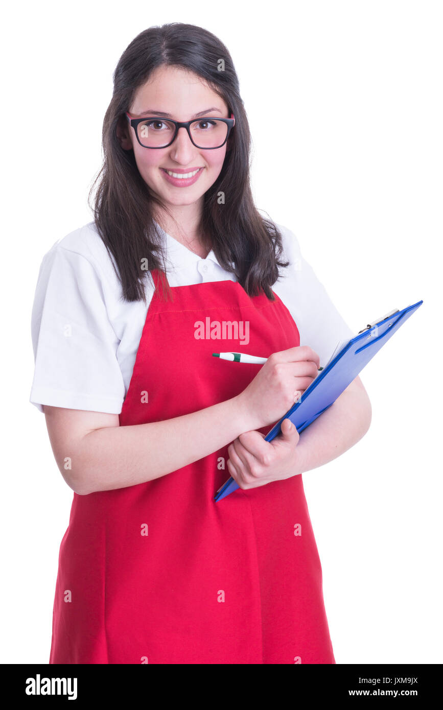 Young and happy employee writing on checklist from clipboard isolated ...
