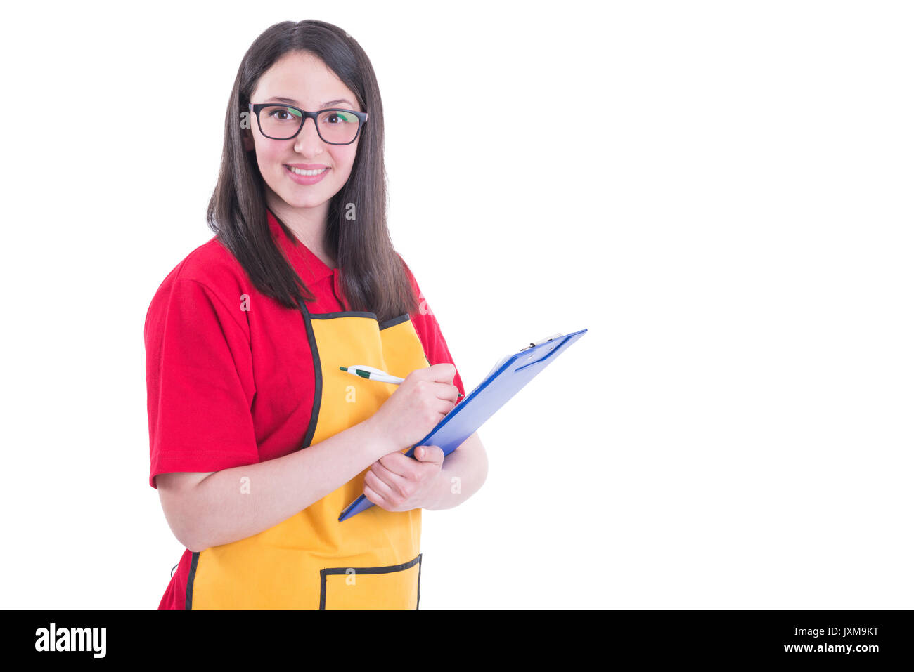 Beautiful successful storekeeper taking notes on her clipboard isolated ...