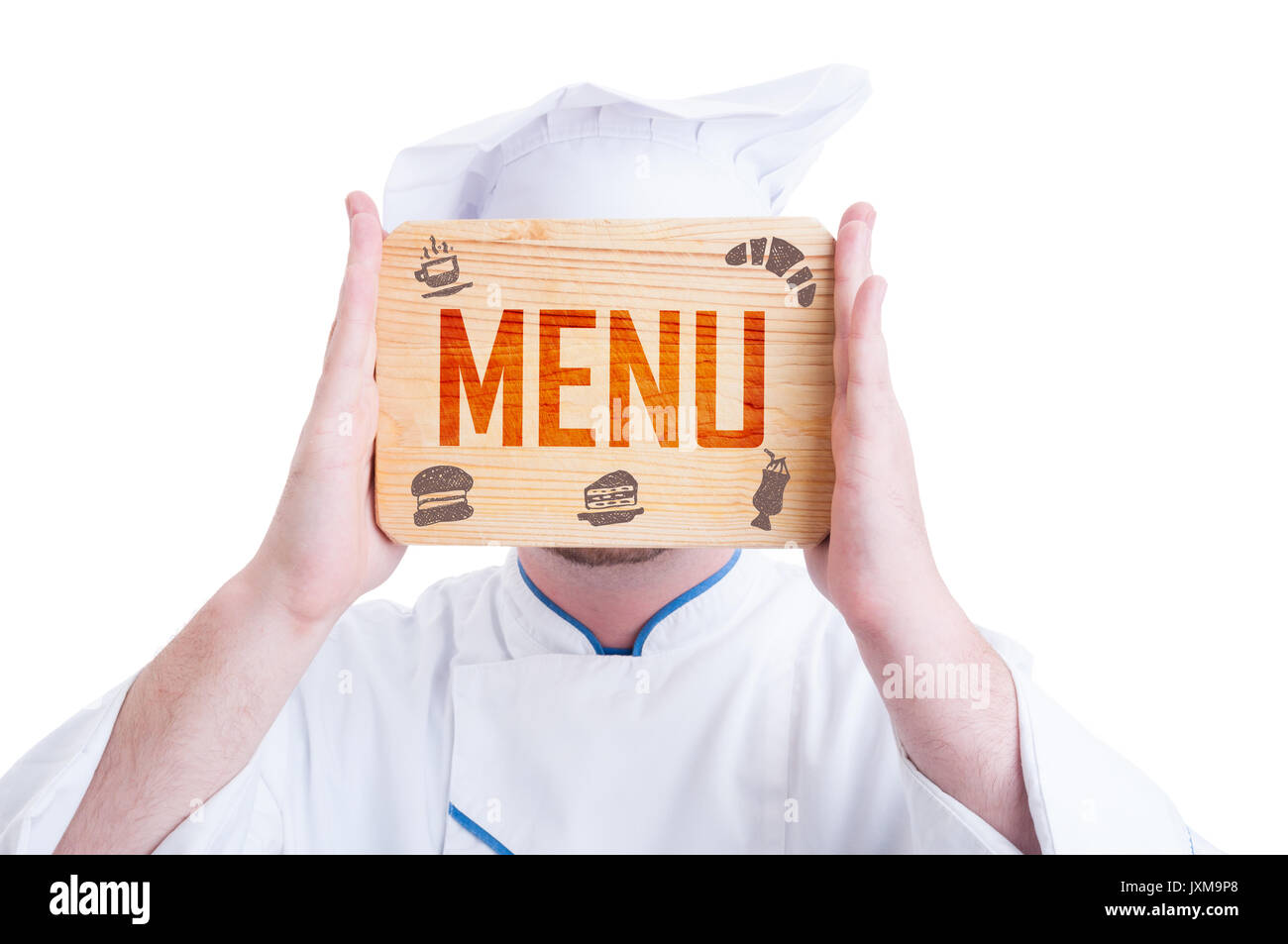 Restaurant chef hiding behind wooden chopping board for lunch menu as ...