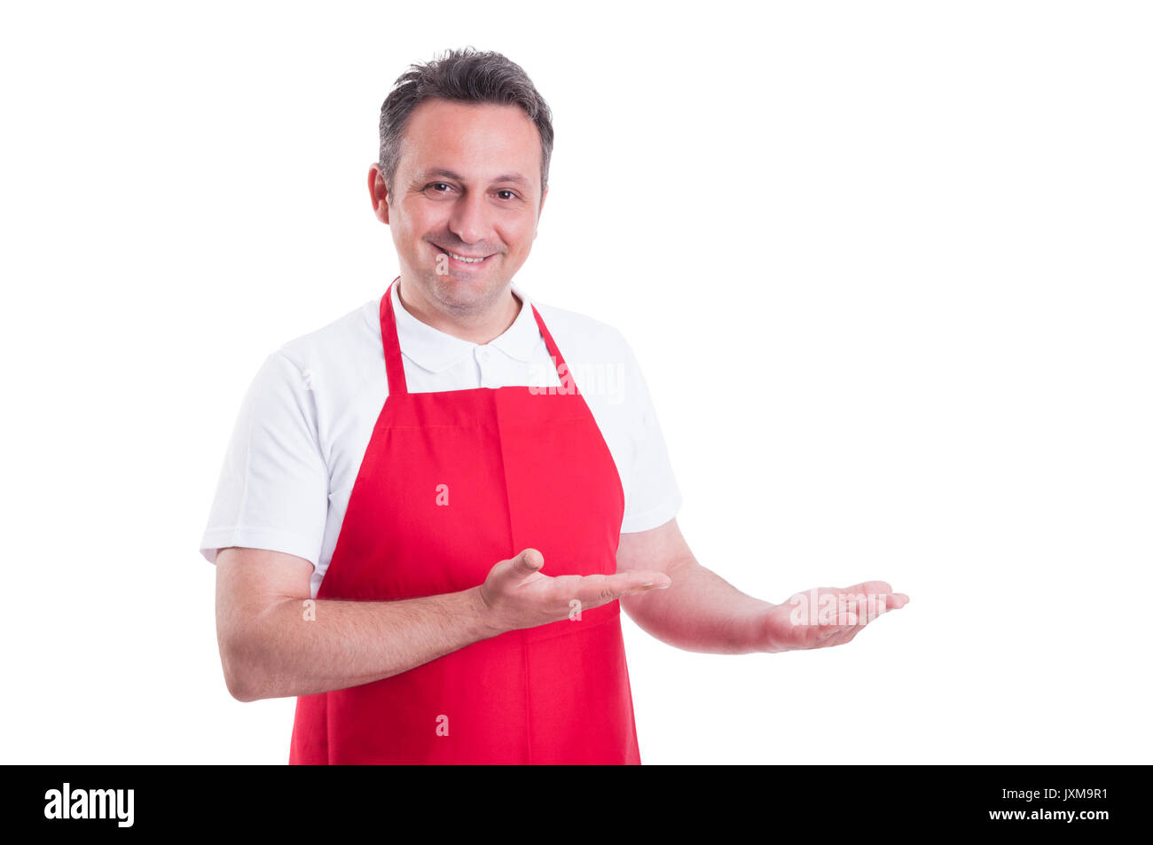 Salesman showing open hand palm with copy space for product or text ...