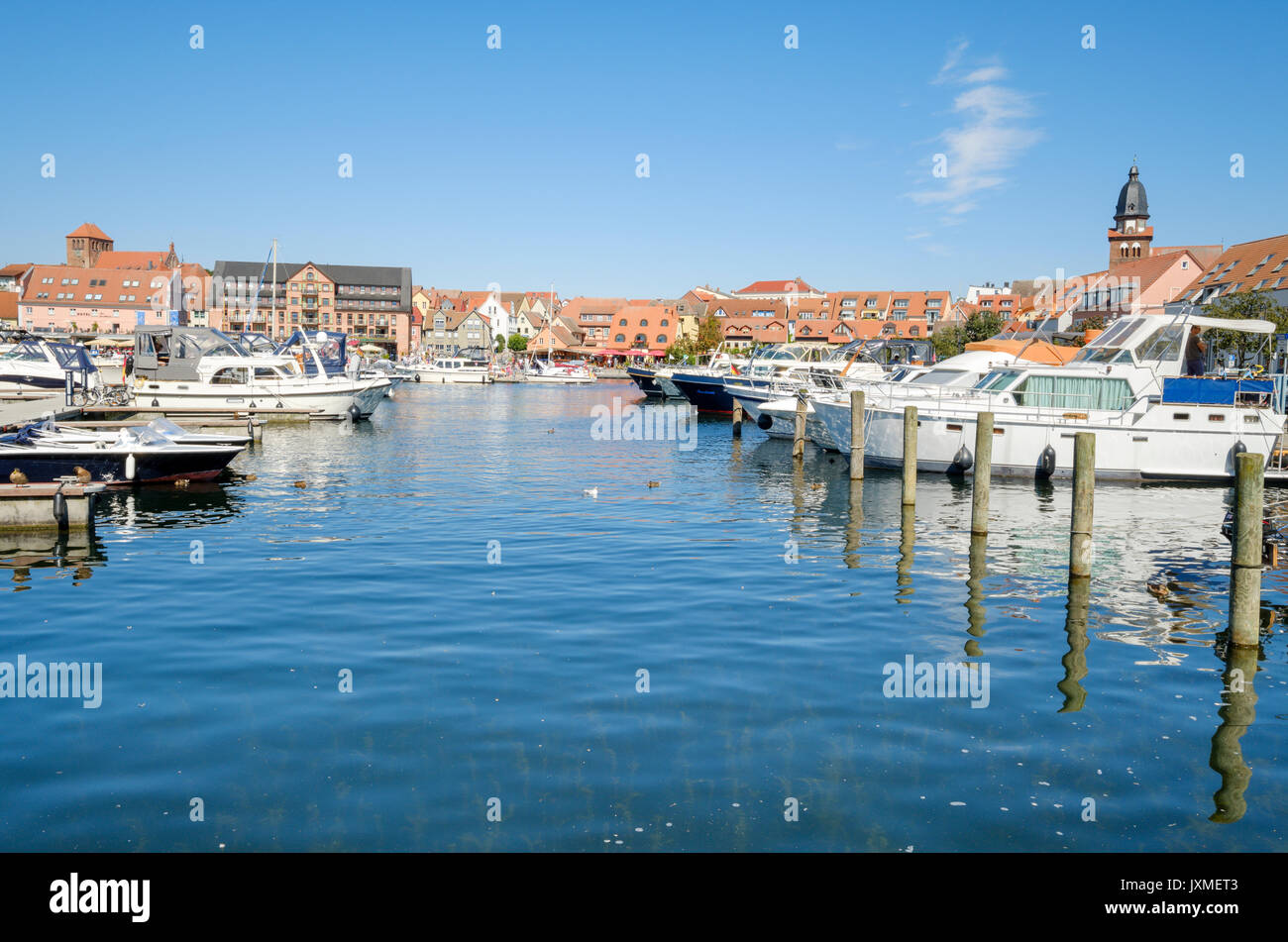 Harbour with the Town behind, Waren, Mecklenburg-Vorpommern, Germany ...