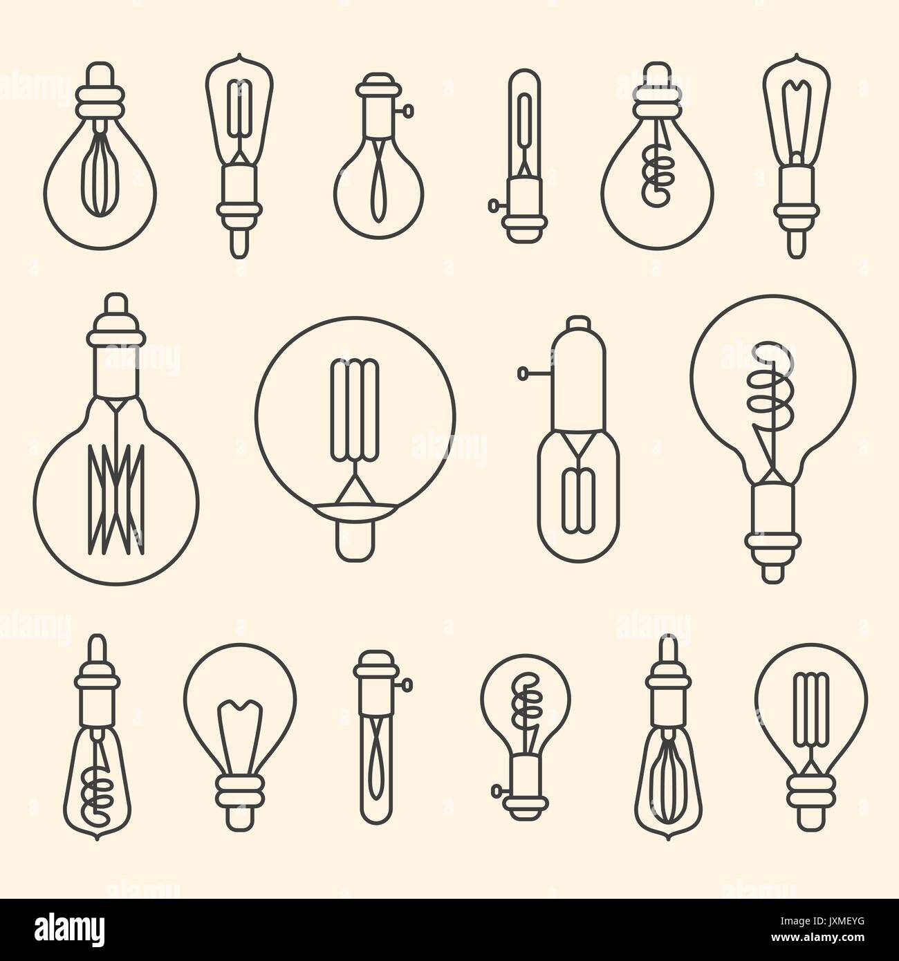 Set of retro stylized linear electric bulbs illustration Stock Vector ...