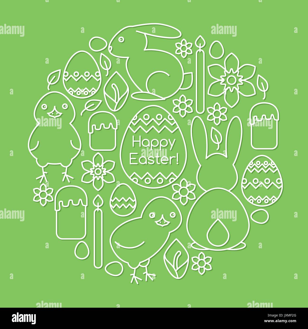 Card template with Easter symbols line art and Happy Easter inscription ...