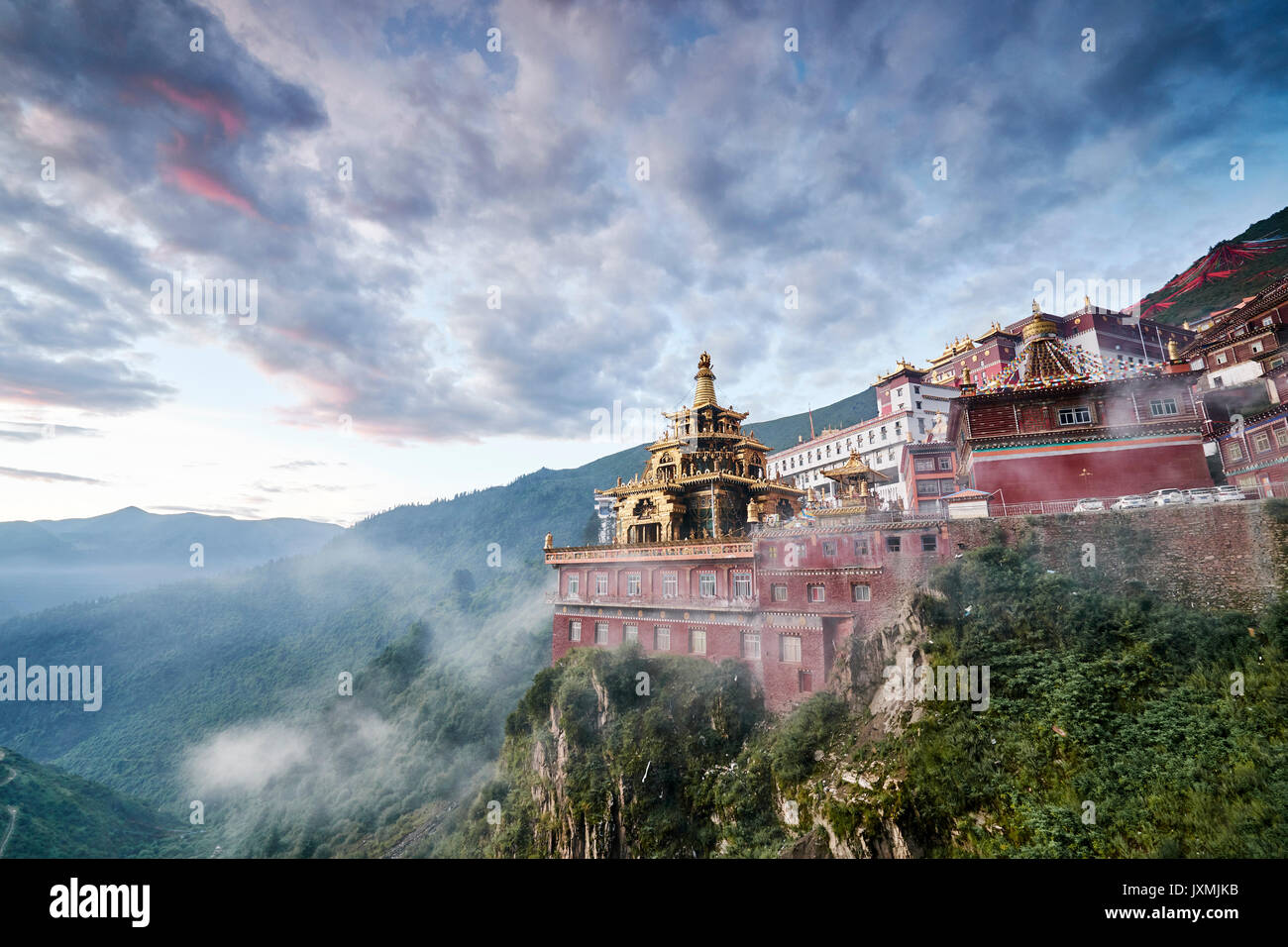Katok Monastery in morning mist, Baiyu, Sichuan, China Stock Photo - Alamy