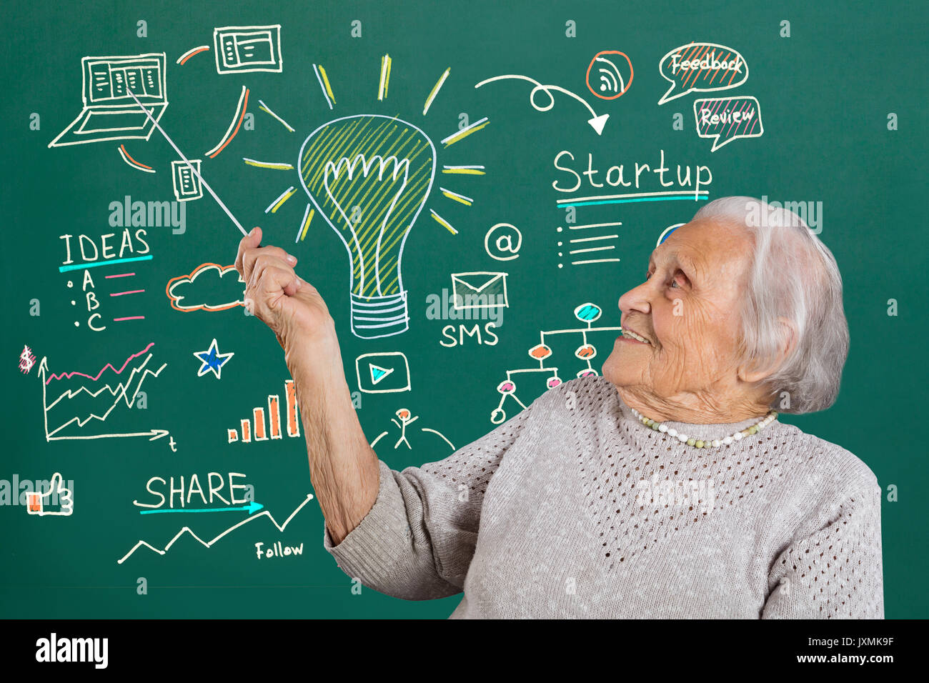 Happy Senior Female Teacher Explaining Diagram On Blackboard With ...