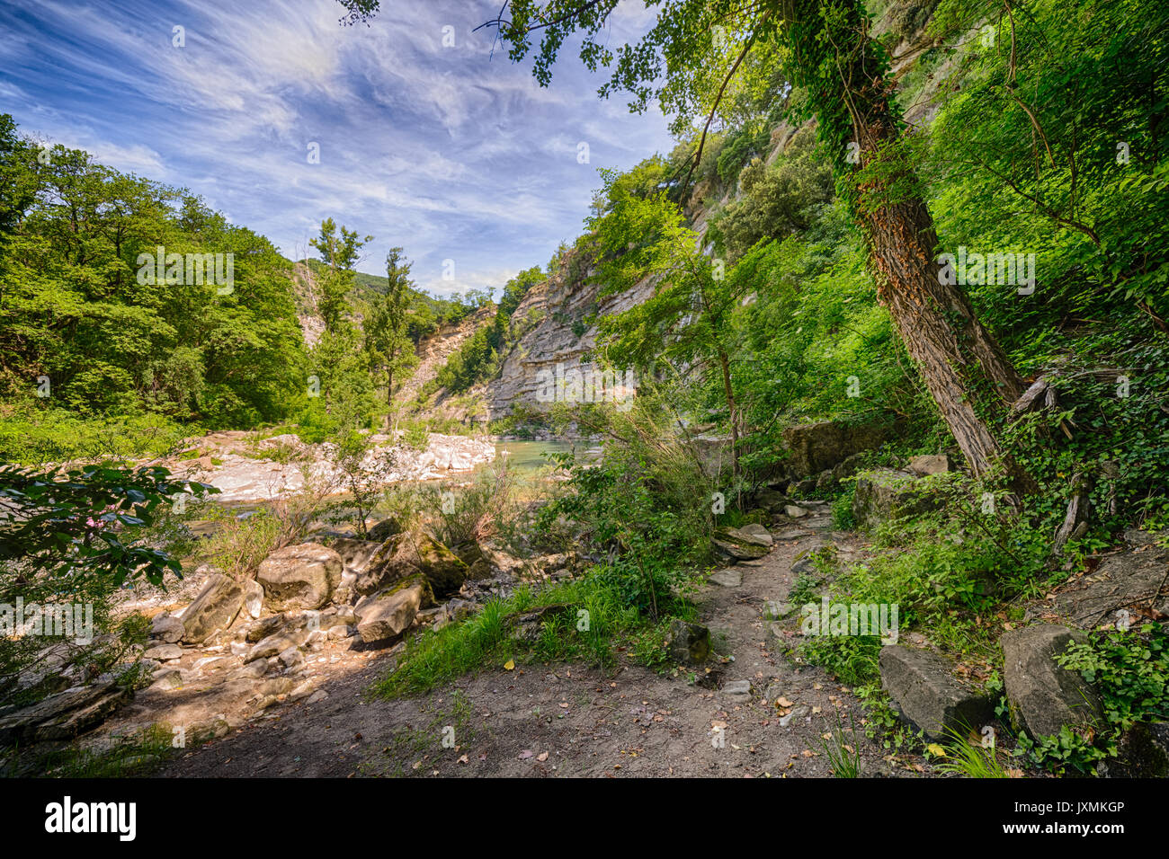 green landscape of waterfalls, river, rocks and forest in Italy Stock ...